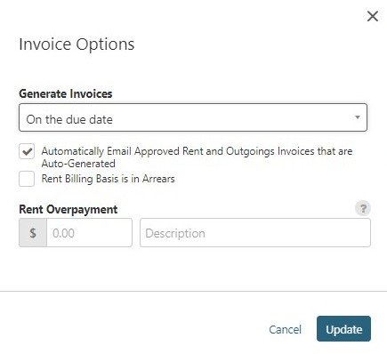 Setting Default Lease/Tenancy Invoice Options – Re-Leased Help