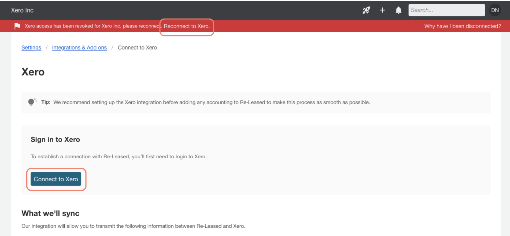 Re-establishing Xero Connection in Re-Leased once Revoked – Re-Leased Help